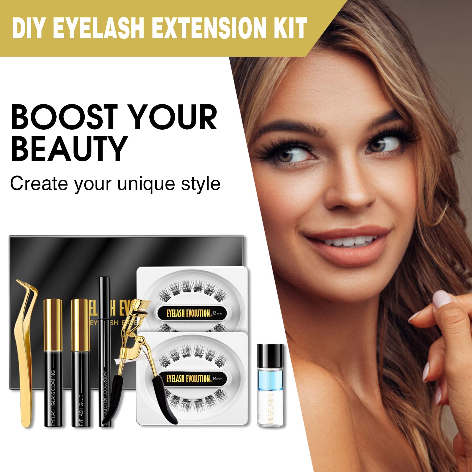 Lash Clusters Kit, Eyelash Extension Kit Mixed Lengths 3D Volume Cluster Lashes, Curler Tweezers Waterproof Liquid Eyeliner Eyelash Glue Coating Remover (KIT)