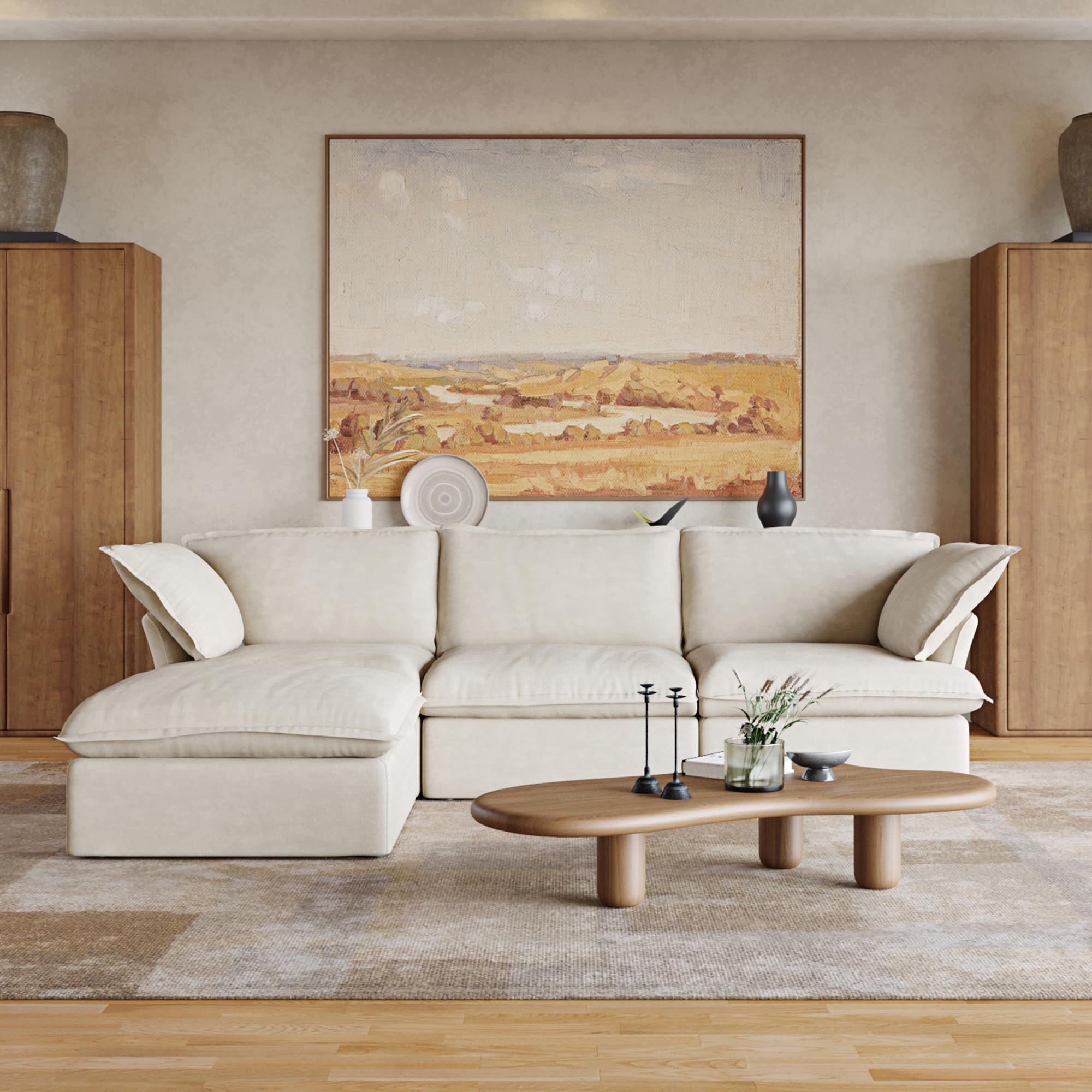 JACH L Shape Sectional Couches, Deep Couch Sectional Sofa with Chaise Ottoman, Modern Modular Sectional Sofas, Cushion Covers Removable, Two Corners and A Middle Sofa for Living Room (Beige)