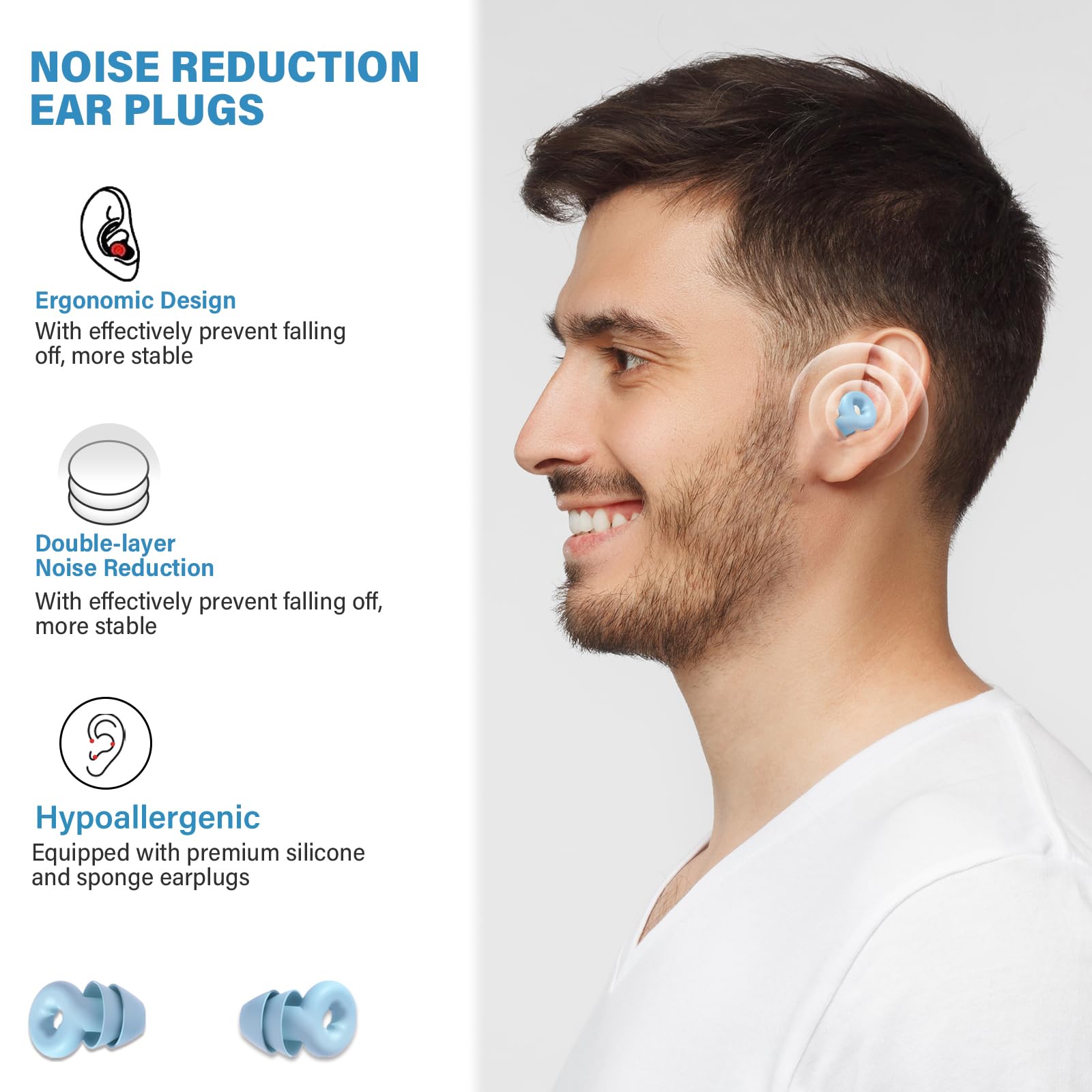 Ear Plugs for Sleeping Noise Cancelling & Reduction Silicone, Reusable Sleeping Earplugs,Hearing Protection Earplugs Sound Blocking for Concerts,Motorcycle,Work (Blue)