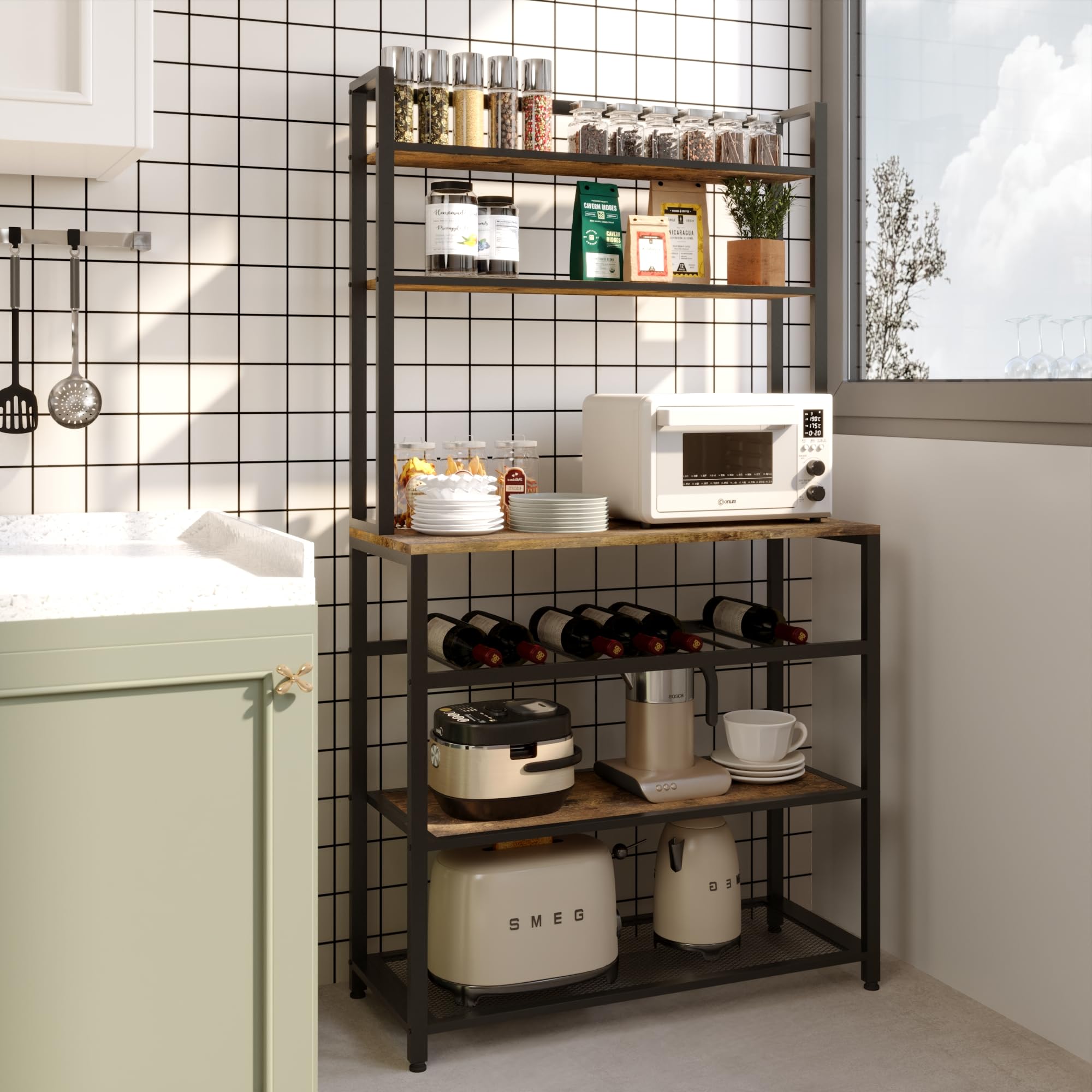 Easyzon 6 Tier Bakers Racks for Kitchens with Storage, Freestanding Coffee Bar, Industrial Microwave Stand with Wine Rack, Kitchen Shelves Organizers and Utility Storage Shelf for Kitchen