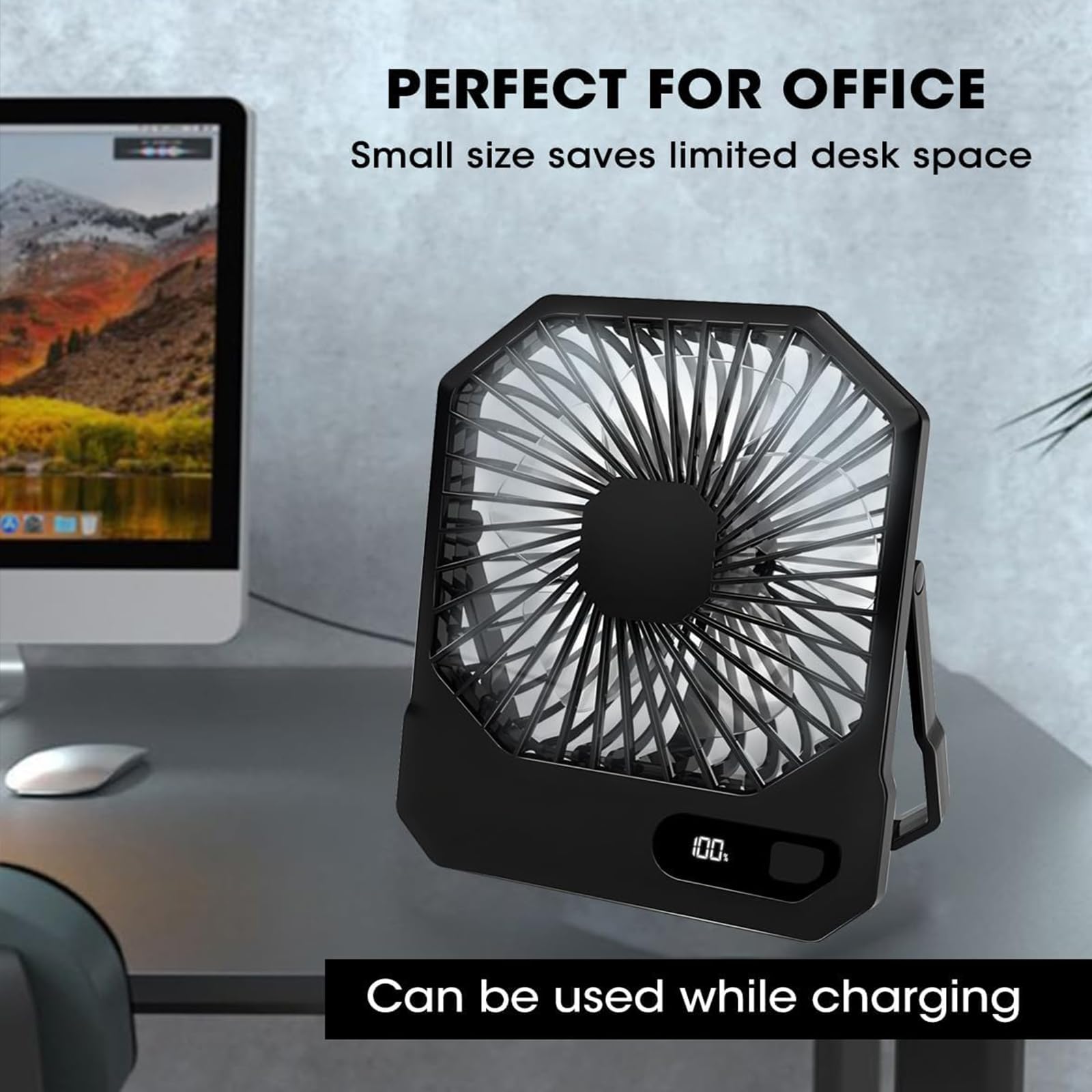 MYMULIKE Battery Operated Small Desk Fan,Portable 3 Speed USB Rechargeable Fan With LED Display, 3000mAh 180° Tilt Folding Personal Fan for Bedroom Home Office Outdoor Trip