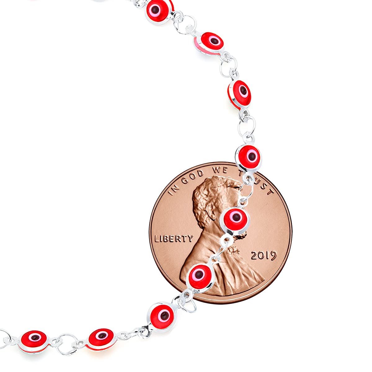 D Jewelry Red Guardian Eye Small Beads on 925 Sterling Silver Bracelet 7.5"