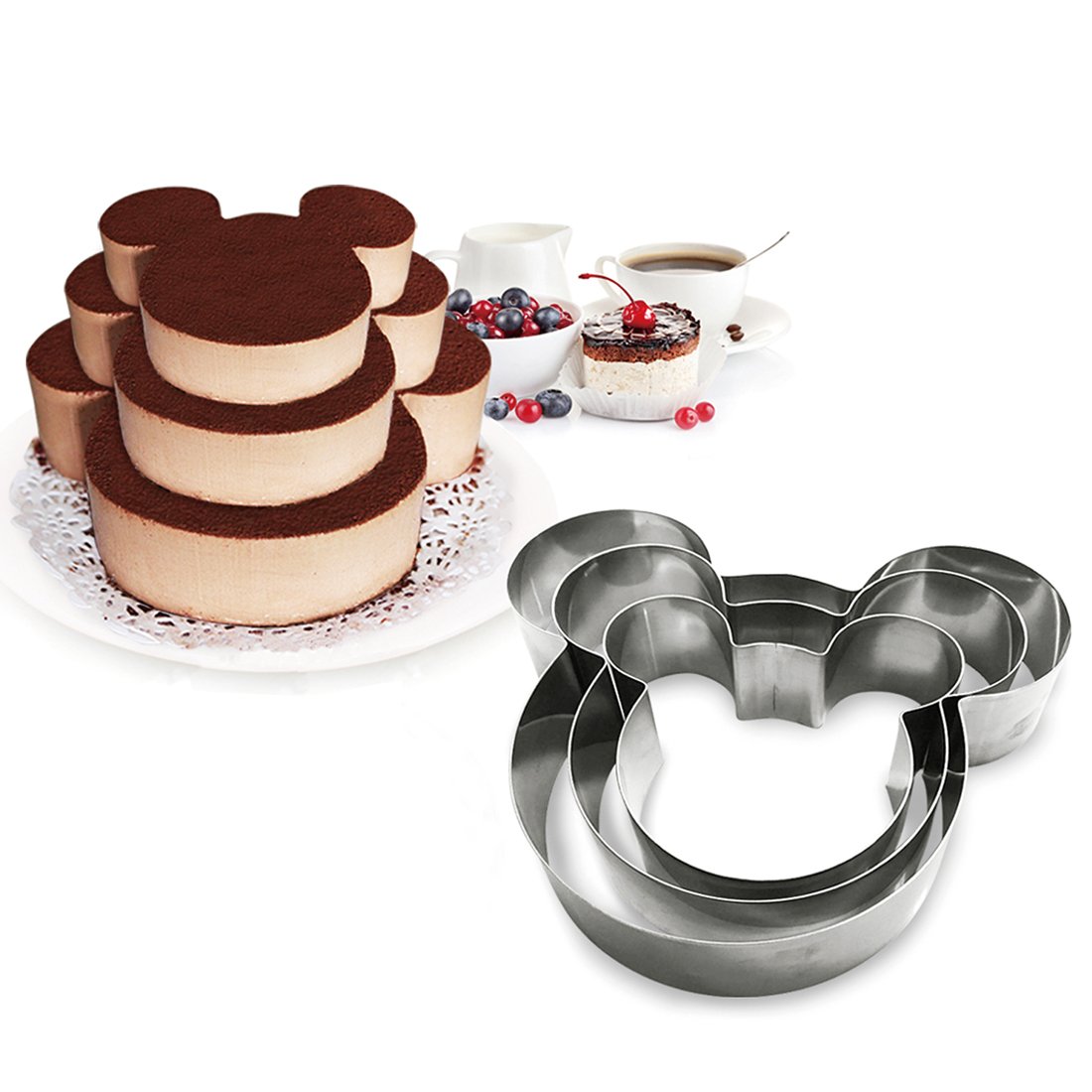 FunWhale 3 Tier Mouse Multilayer Anniversary Birthday Cake Baking Pans,Stainless Steel 3 Sizes Rings Mouse Molding Mousse Cake Rings(Mouse-shapes,Set of 3)