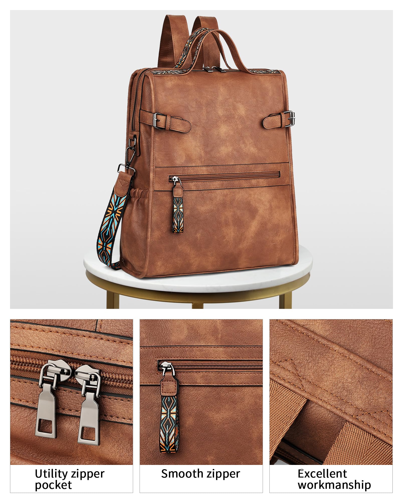 FADEON Leather Laptop Backpack for Women, Designer Ladies Work Travel Computer Backpack with Laptop Compartment Purse Brown