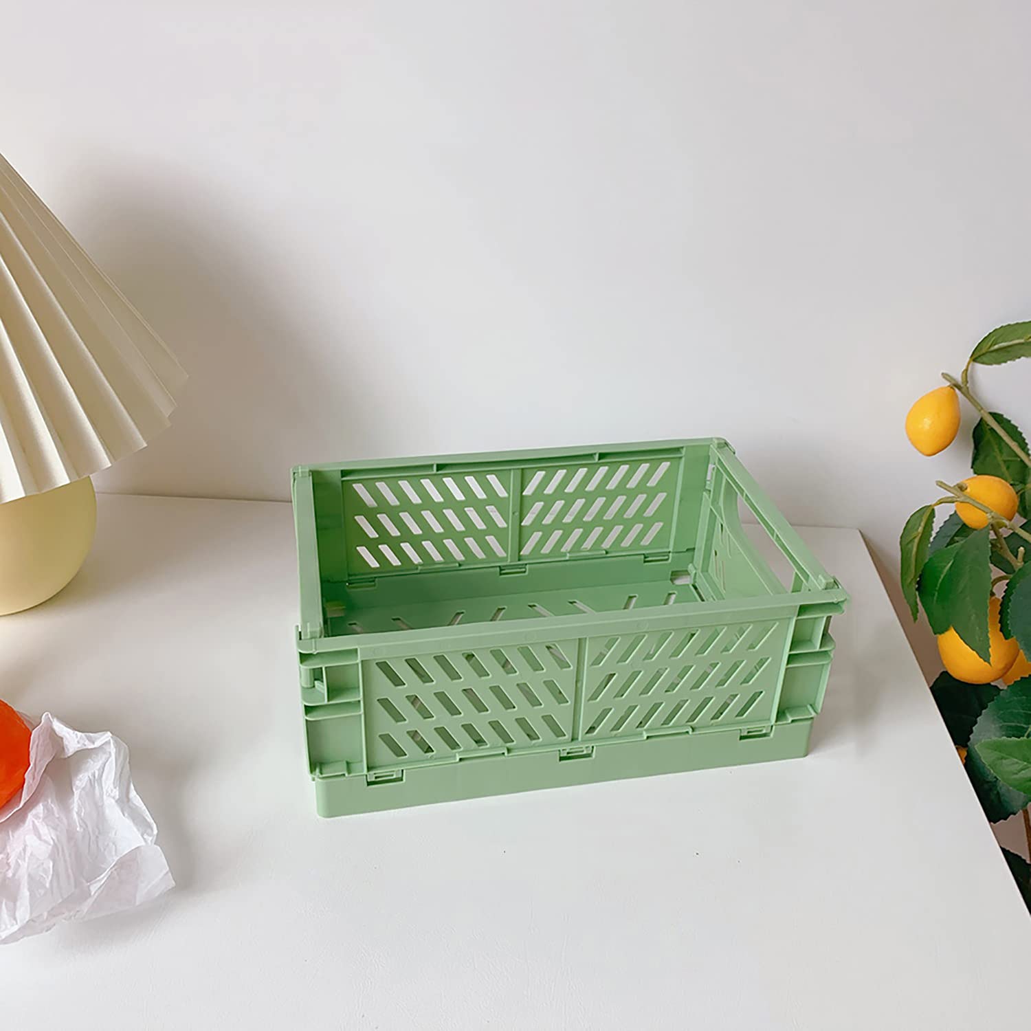 Doromy 2 Pack Pastel Plates Plastic Baskets for Shelf Storage Organizing Stackable Folding Bin Baskets Tray with Handles Durable Storage Crate for Home Kitchen Classroom Office Bedroom and Bathroom