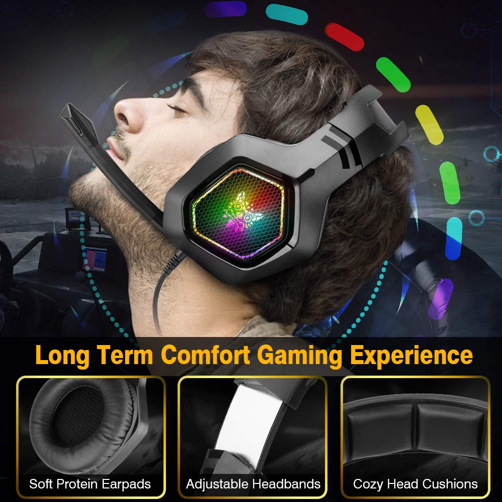 DIZA100 PS5 PS4 Gaming Headset with Microphone Surround Stereo PC Gaming Headphones RGB Light & Adjustable for Xbox one Laptop Mac