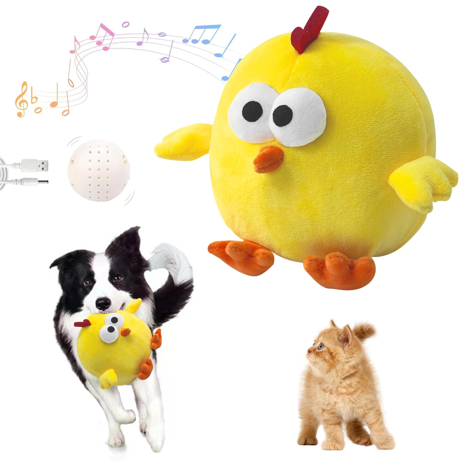 Interactive Dog Toys, Squeaky Dog Toys, Bouncing Interactive Dogs Ball for Boredom, Durable Chewing Chicken Stuffed Animal Plush Toy, Active Self Moving Ball with Music, Rechargeable & Washable