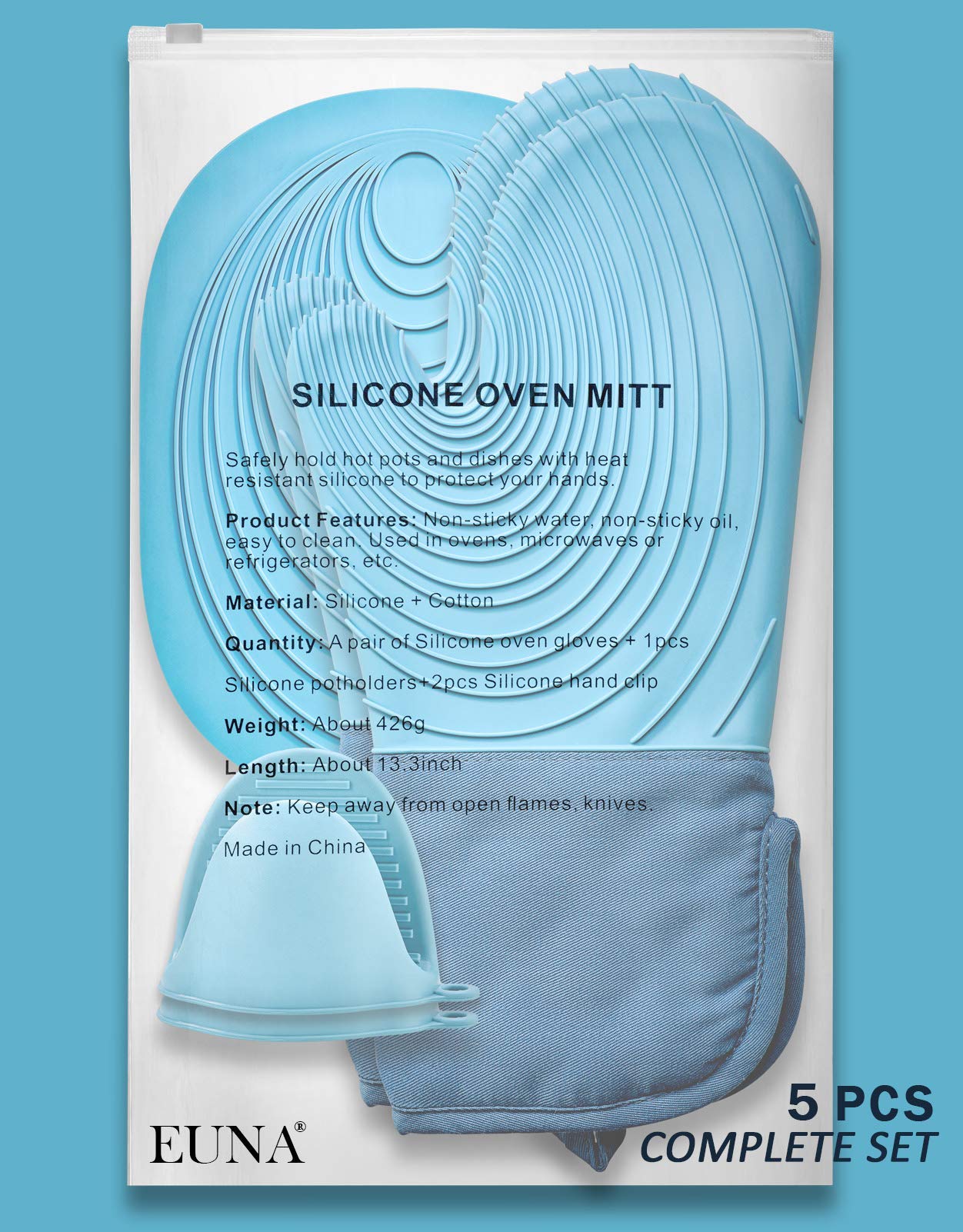 EUNA Silicone Oven Mitts, Heat Resistant Oven Mitts and Pot Holders Sets, Non-Slip Kitchen Mittens with Mini Oven Gloves and Hot Pads, Perfect for Baking Cooking, Quilted Liner, Gift Box, Blue & Azure
