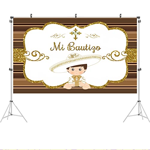 Mi Bautizo Baptism Backdrop,Mexican Hat Boy Gold Dots Brown Stripes Baby Shower Spanish Themed Party Decorations Supplies for Photography Background 5x3ft Banner Photo Booth