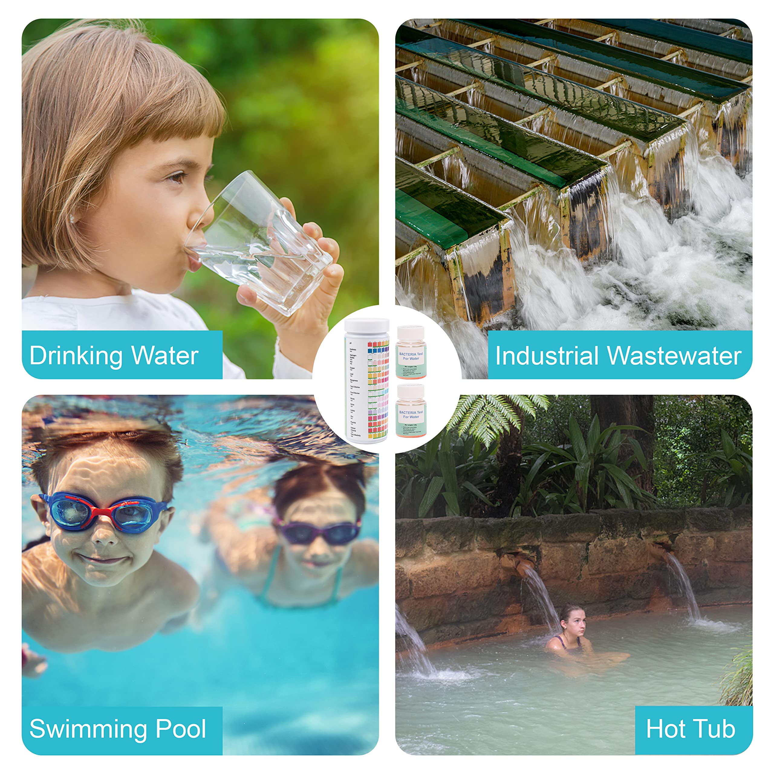 LUVCOSY 17 in 1 High Precision Water Testing Kits for Drinking Water and Swimming Pool Water Test, 100 Strips + 2 Bacteria Tests detect pH, Copper, Lead, Iron, Bacteria, Hardness and More