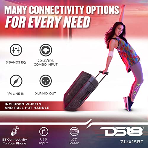 DS18 ZL-X15BT Zumba Loud 15" Self Powered 2-Way Loudspeaker Portable PA Speaker System, with MP3, USB & TWS Bluetooth, 1000 Watts - Perfect for Your Studio, Party, Dance Floor, Home or Outdoor Event