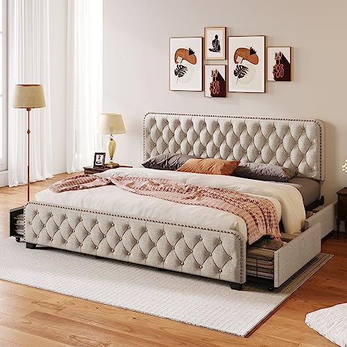 King Size Upholstered Platform Bed Frame with 4 Storage Drawers, Metal Bed Frame with Button Tufted Headboard and Footboard Sturdy Wood Slat Support, No Box Spring Required, Beige (Beige-KZC9A)