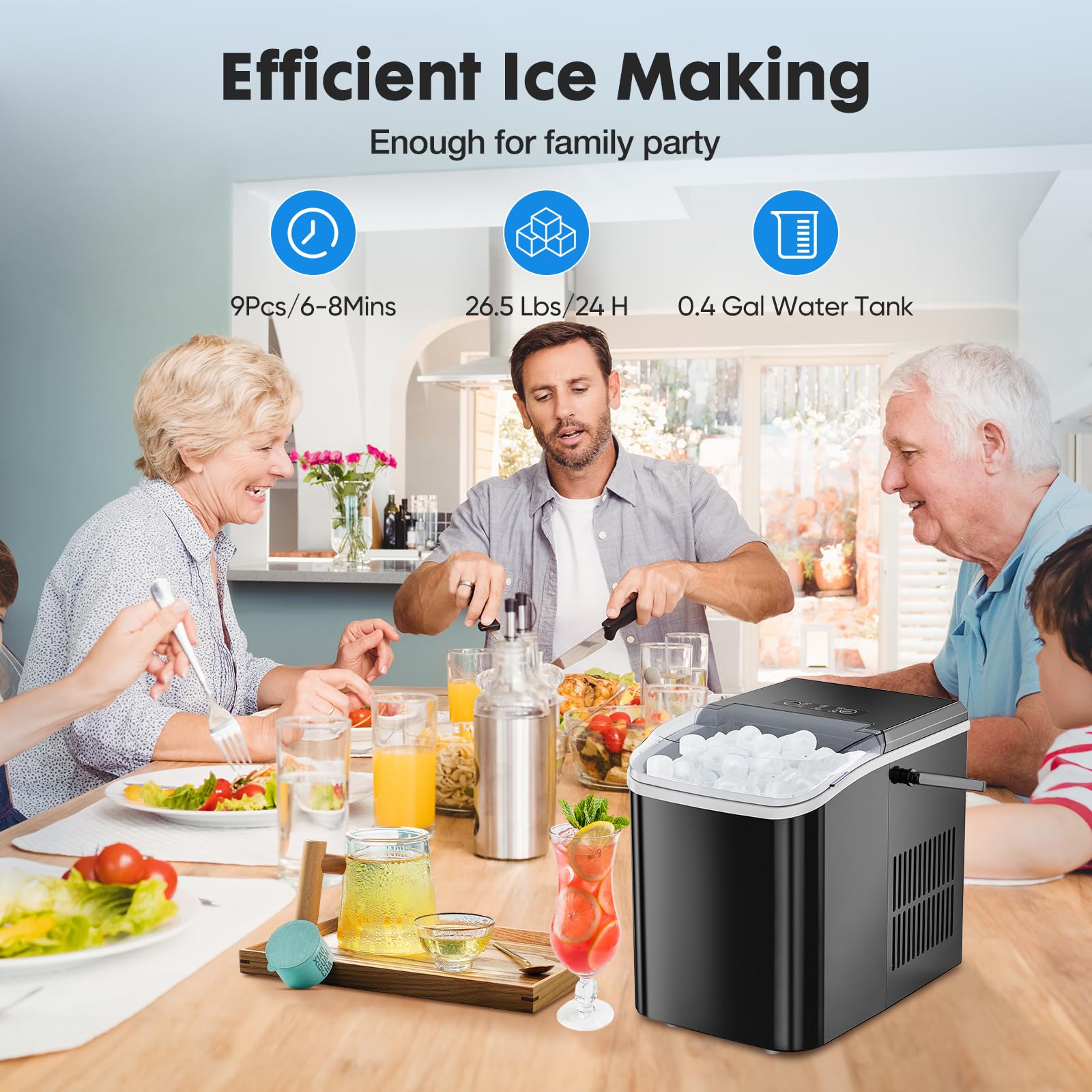OLIXIS Ice Maker Countertop, 9 Cubes Ready in 6 Mins, 26lbs in 24Hrs, Self-Cleaning Ice Machine with Ice Scoop and Basket, 2 Sizes of Bullet Ice Black