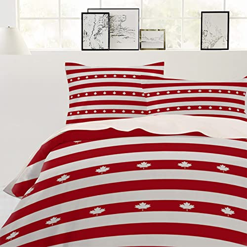 Queen Comforter Covers Sets Happy Canada Day 4 Piece Duvet Cover Set Lightweight Microfiber Soft Bedding Set for Adult Teen, Red Striped Maple Leaves