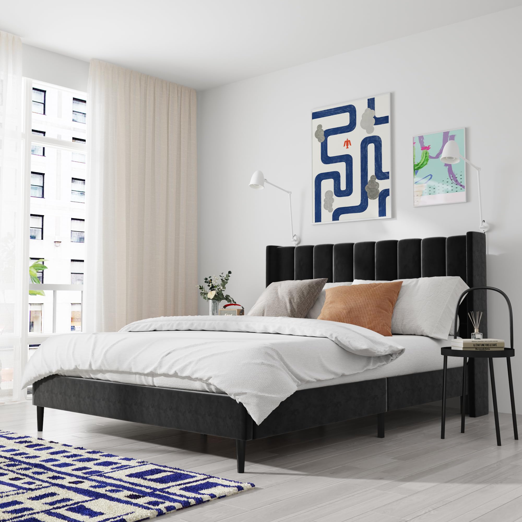 IOILORI Queen Bed Frame with Headboard, Vertical Channel Tufted, Heavy Duty Bed Frame Queen Size, No Box Spring Needed, Easy Assembly (Dark Black, Queen)