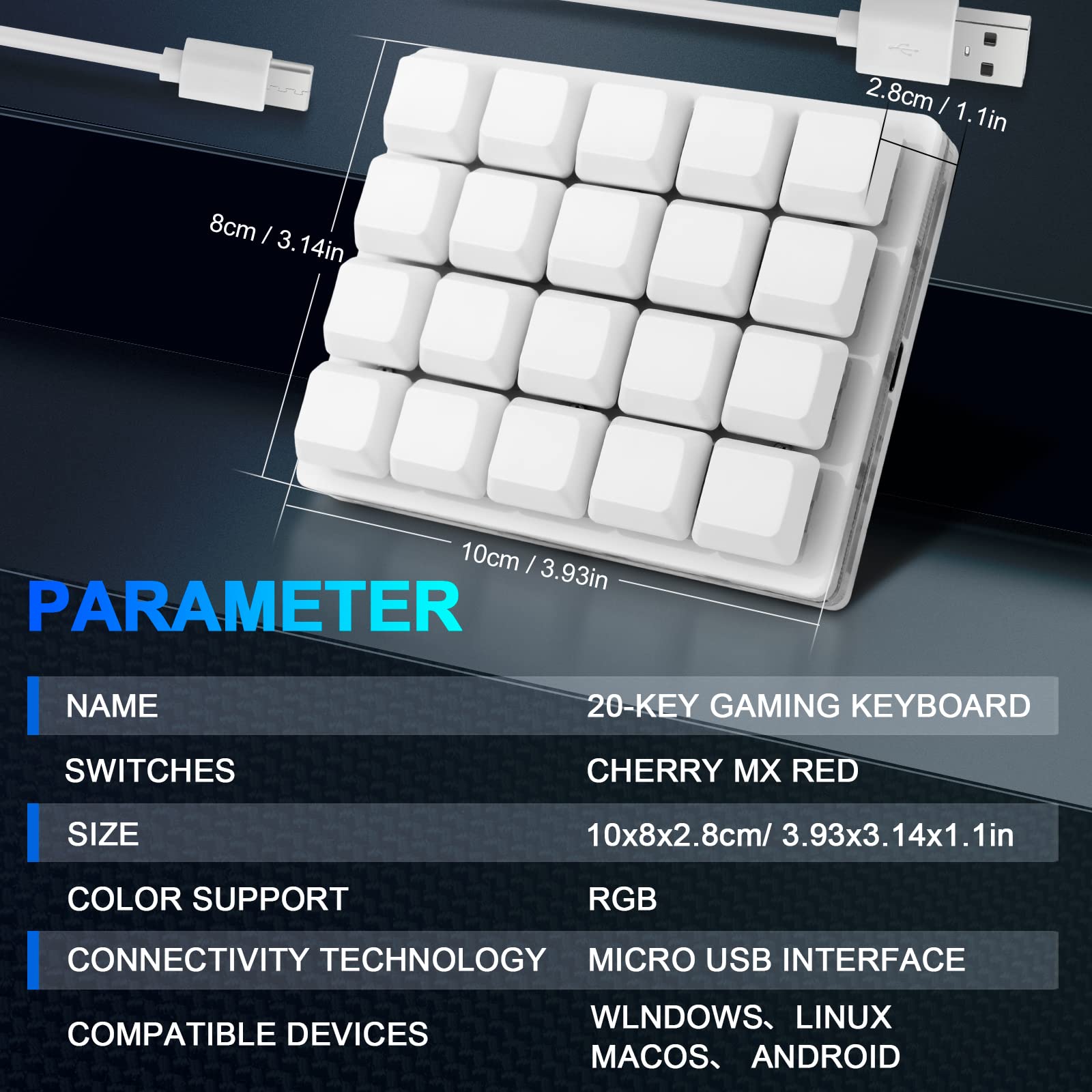 Ecarke 20 Keys One Hand Macro Mechanical Keyboard,Cherry Red Switch RGB LED Backlit Portable MiNi One Hand Mechanical Gaming Keyboard OSU Keyboard Type-c Interface 20 Keys Fully Programmable Key