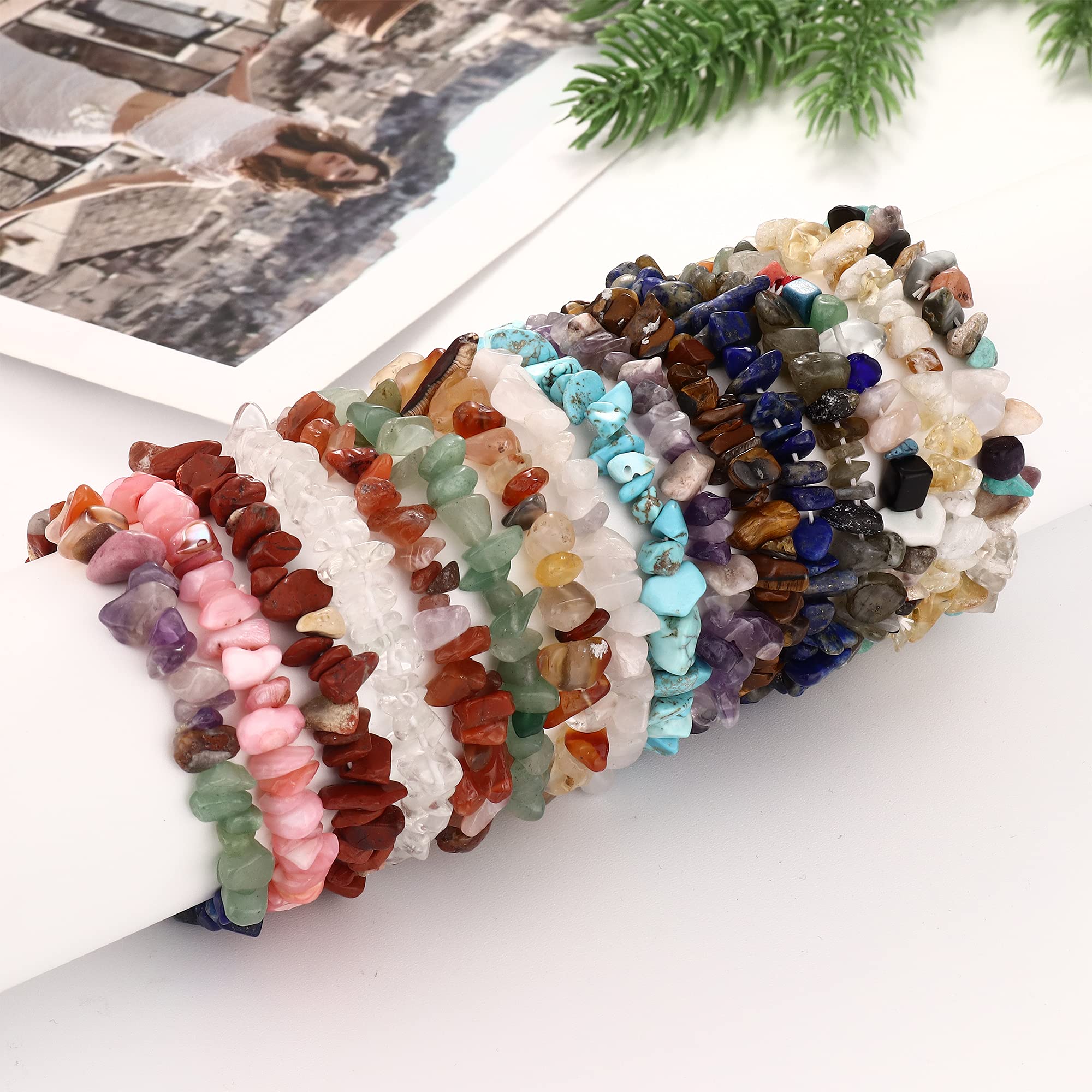 FIBO STEEL 16Pcs Natural Gemstone Chakra Crystal Healing Chip Stretch Bracelets for Women Tumble Polished Align Chakras Conquer Fear Increase Communication Reiki