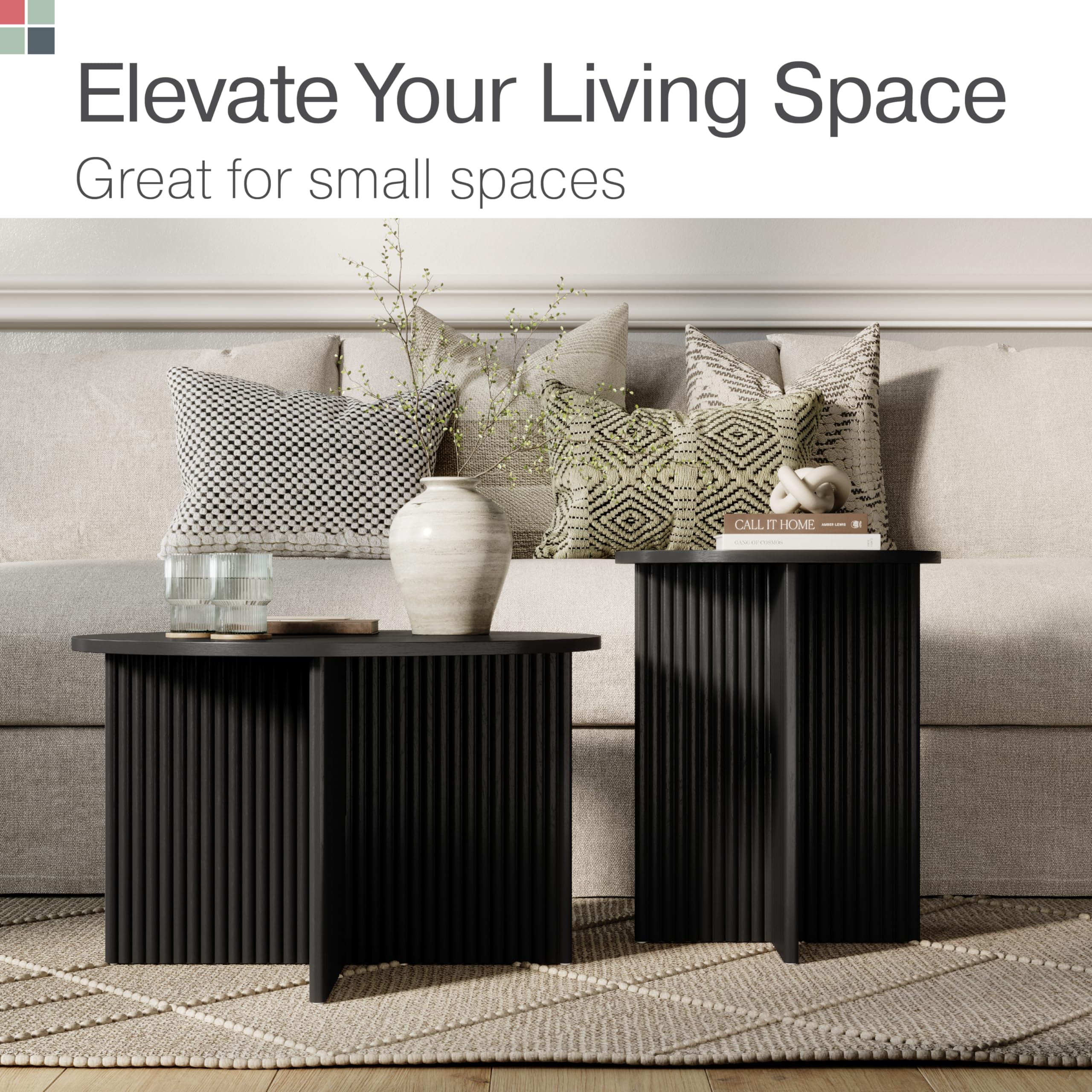 Round Fluted Nesting Coffee Table - 2 Piece Coffee Table Set - Living Room Furniture - Modern Home Decor - Solid Wood Base and Wood Grain Veneer Top (Blackened Oak)