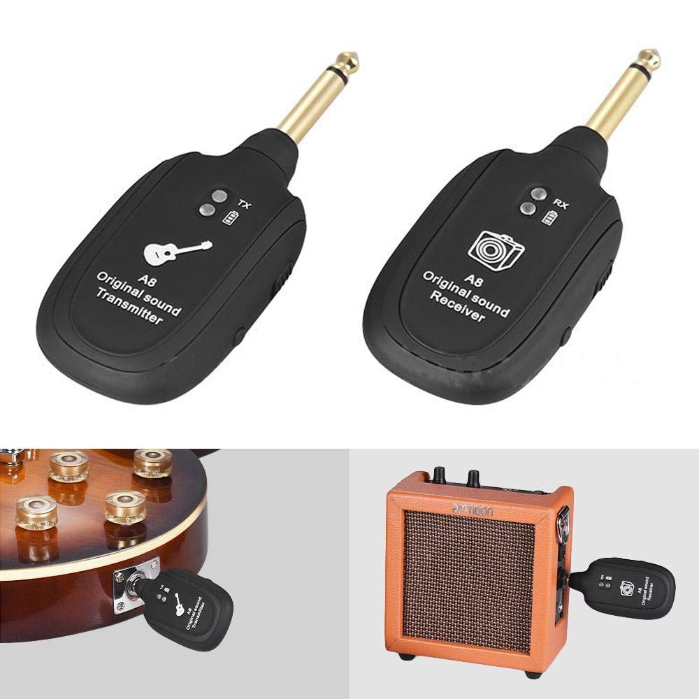 Vaorwne UHF Guitar System Transmitter Receiver Built-in Rechargeable, UHF Wireless Guitar System, Guitar Transmitter Receiver,Wireless Audio Transmission Set for Electric Guitar Bass Violin,black ABS