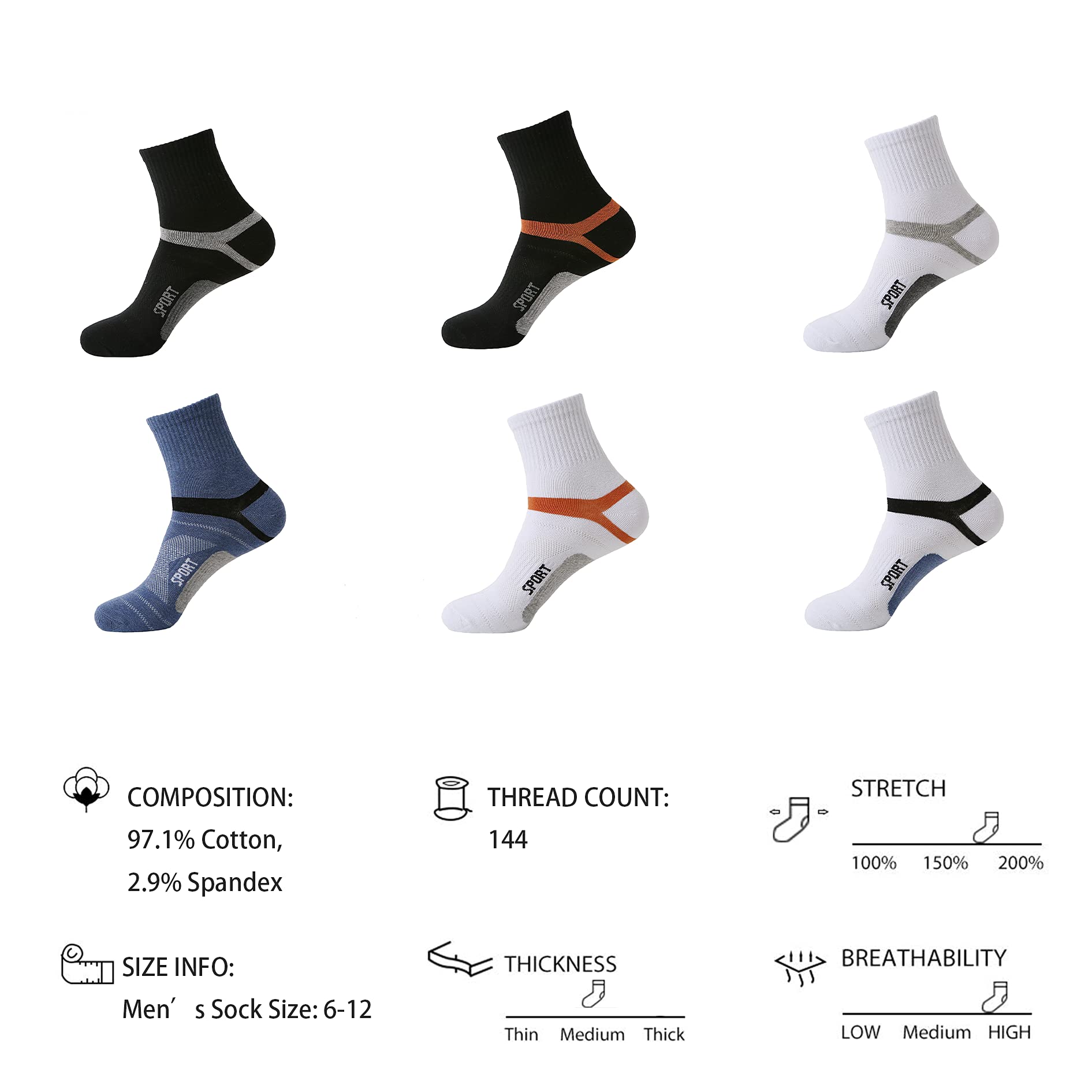 Eastroll Men's Athletic Ankle Quarter Socks Cushion Sport Casual Running Cotton Sock Crew Socks 6 Pack