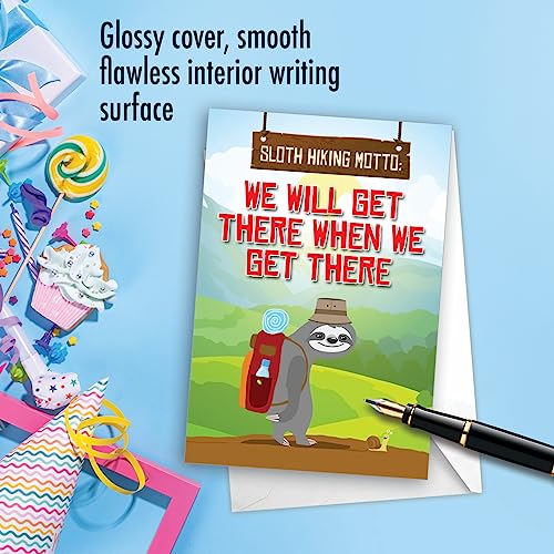 NobleWorks - 1 Cute Birthday Card with Envelope - Funny Wild Animals and Pets, Birthday Greeting - Sloth Hiking C7234BEG