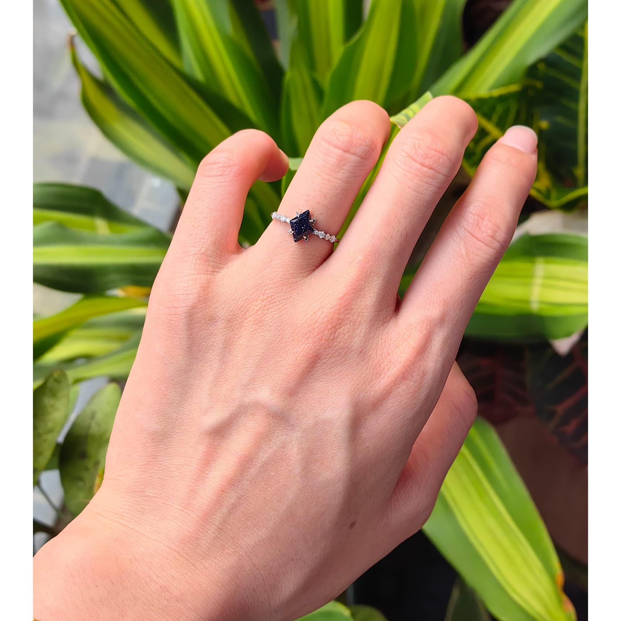 DovEggs Solid 14K White Gold Center 5x7mm Galaxy Blue Sandstone Kite Shape Gemstones Antique Floral Engagement Ring with Moissanite accents for Women Band Width 1.5mm(6.5)