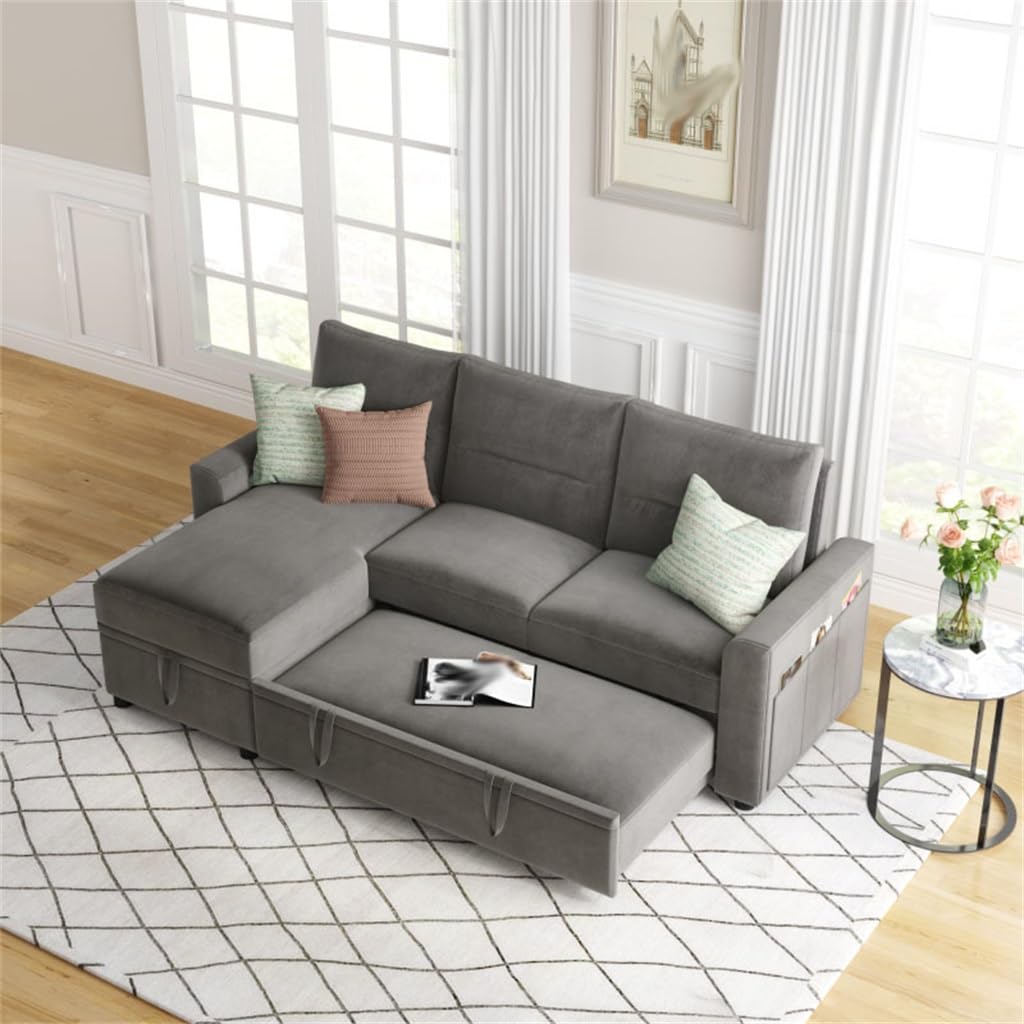 DOUBAO 82.5" Reversible Pull Out Sleeper Sectional Storage Sofa Bed with 6 Side Pockets, Corner Sofa-Bed with Storage Chaise