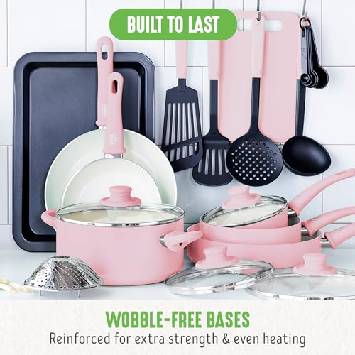 GreenLife Soft Grip Healthy Ceramic Nonstick 18 Piece Kitchen Cookware Pots and Frying Sauce Saute Pans Set, PFAS-Free with Kitchen Utensils and Lid, Dishwasher Safe, Soft Pink