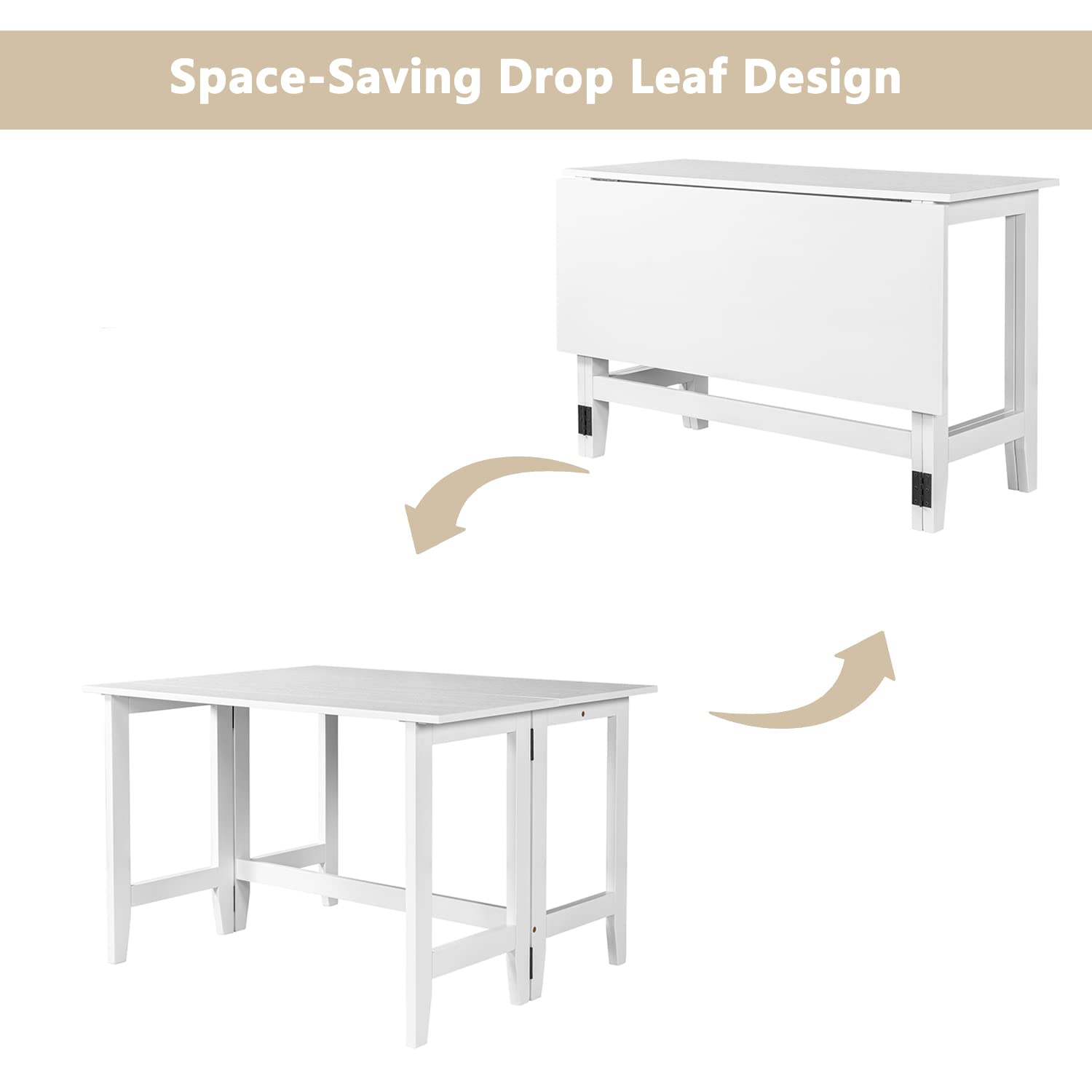 Merax Drop Leaf Dinng Table for Small Spaces, Extendable Space Saving Dining Table, Solid Wood Folding Table from 18" to 36" for Dining Room, Kitchen, Living Room, White