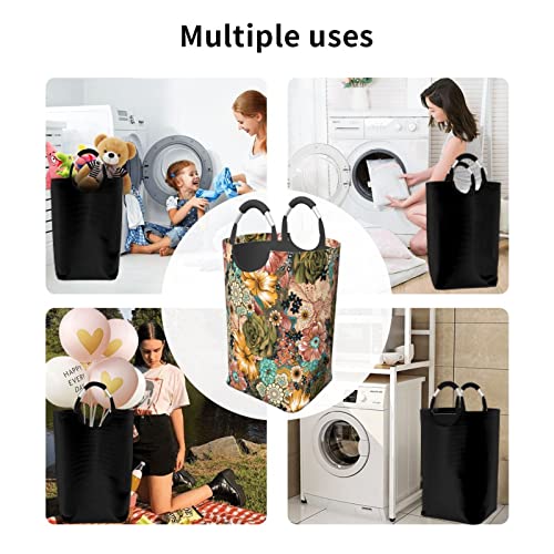 SongYi Boho Laundry Basket with Handles, Collapsible Waterproof Laundry Bag Washing Bin, Bohemian Flowers Pattern Large Foldable 50 L