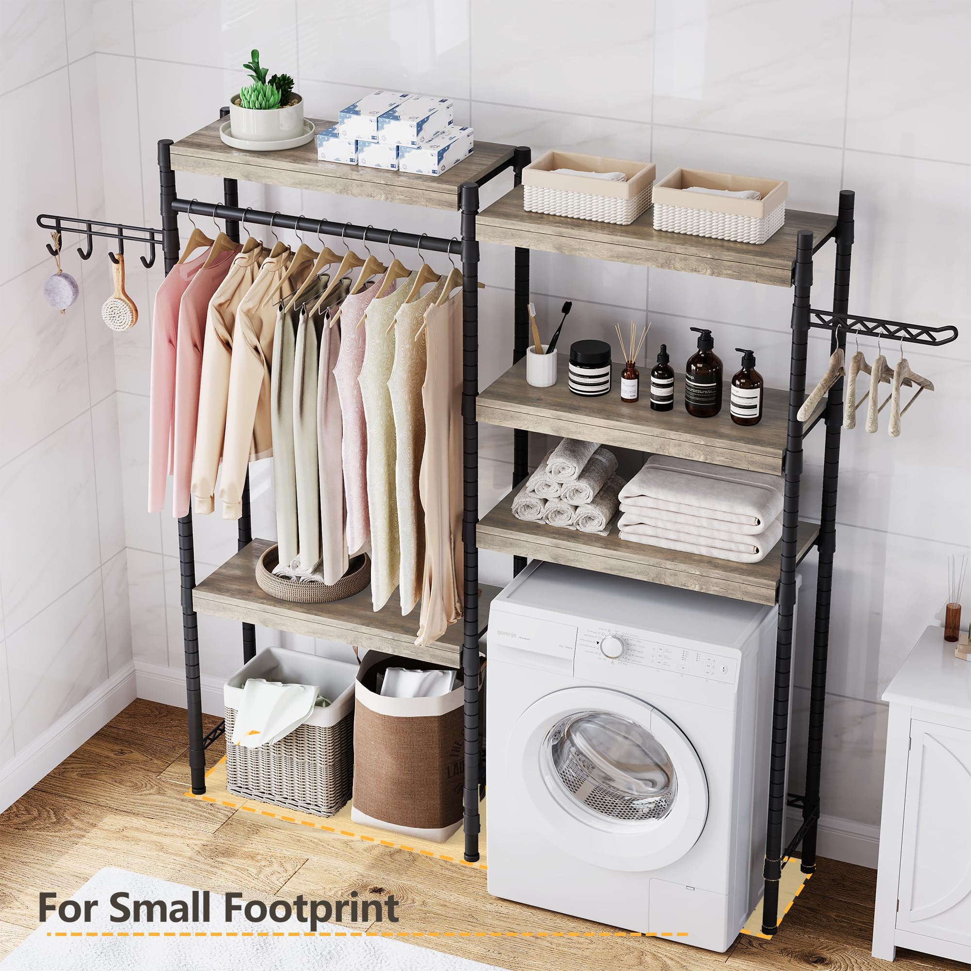 IDEALHOUSE Laundry Room Organization and Storage,5 Tier Wood Over The Washer and Dryer Storage Shelf with Drying Clothes Racks,Space Saver Heavy Duty Bathroom Laundry Shelf for Home Storage and Decor
