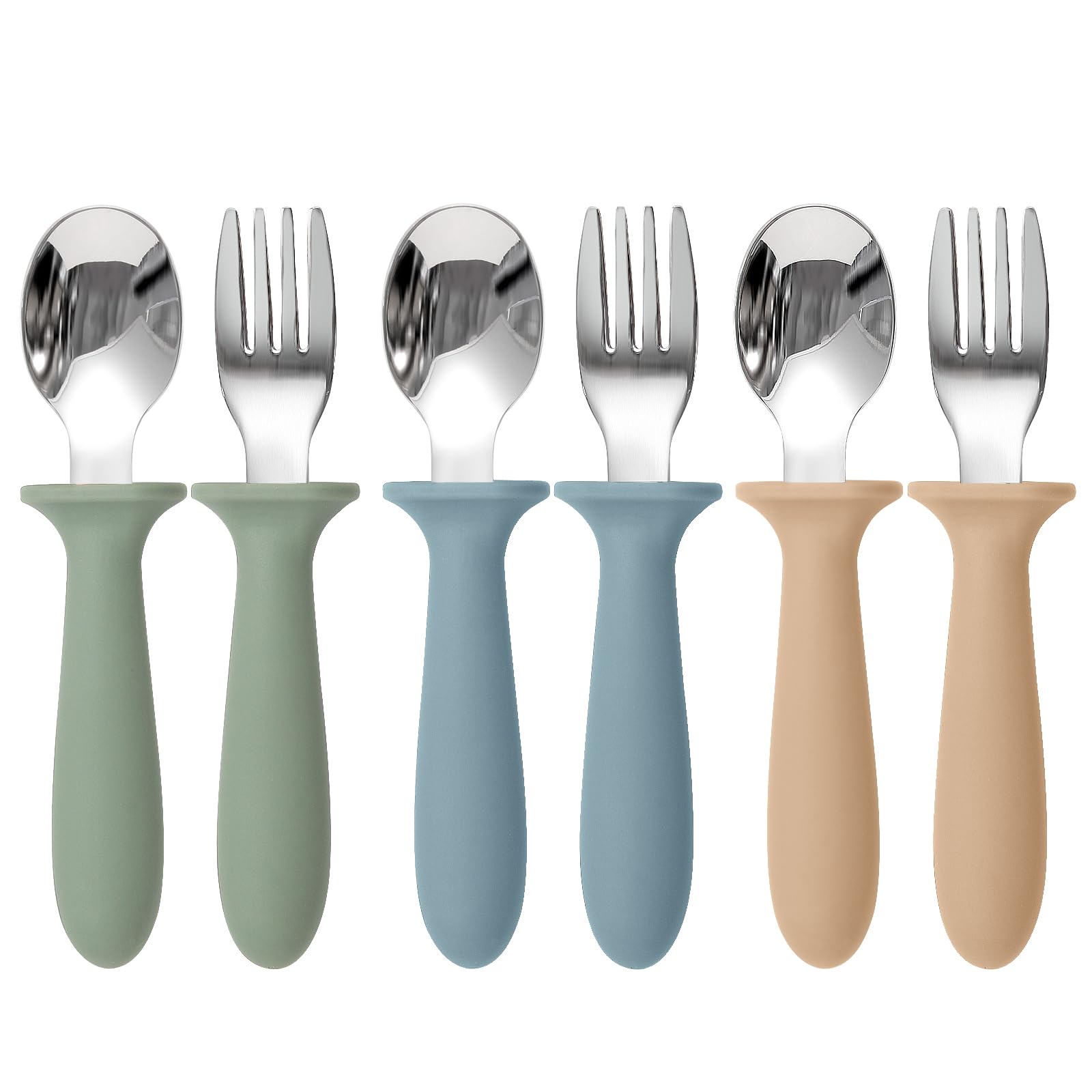 Eascrozn Toddler Utensils, 6 Pack kids Silverware Set with Silicone Handle, 18/8 Stainless Steel Children Safe Forks and Spoons, Dishwasher Safe