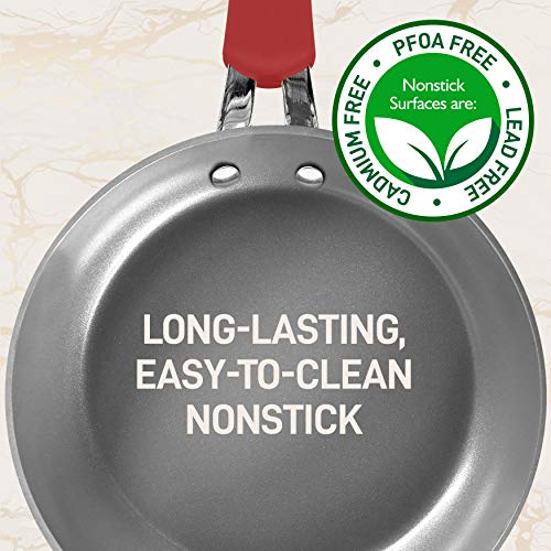 NutriChef Non-Stick Kitchenware Pots & Pans, Gray Inside & Red Outside, Metal + Silicone Handle, PTFE/PFOA/PFOS Free NCCW11RDL, 11 Pcs. Stylish Kitchen Cookware Set w/Elegant Lines Pattern