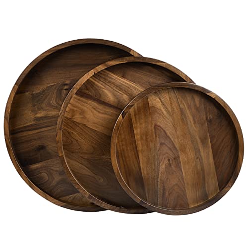 KINGCRAFT 3 Set Round Wooden Tray Ottoman Tray with Handles FSC Natural Handmade Black Walnut Serving Tray Vintage Decorative Platters for Kitchen