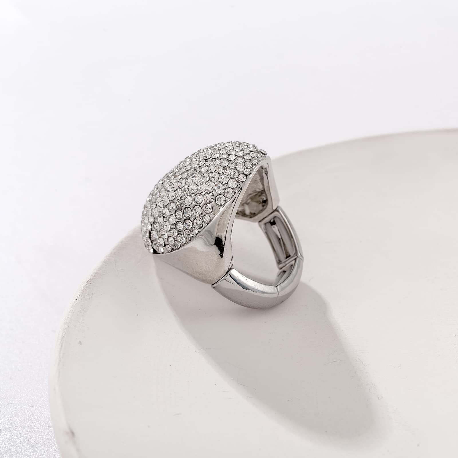 Ecesha Silver Cluster Crystal Oval Sparkly Crystal Adjustable Stretch Chunky Rings for Women Simple Costume Ring for Women (Style C)