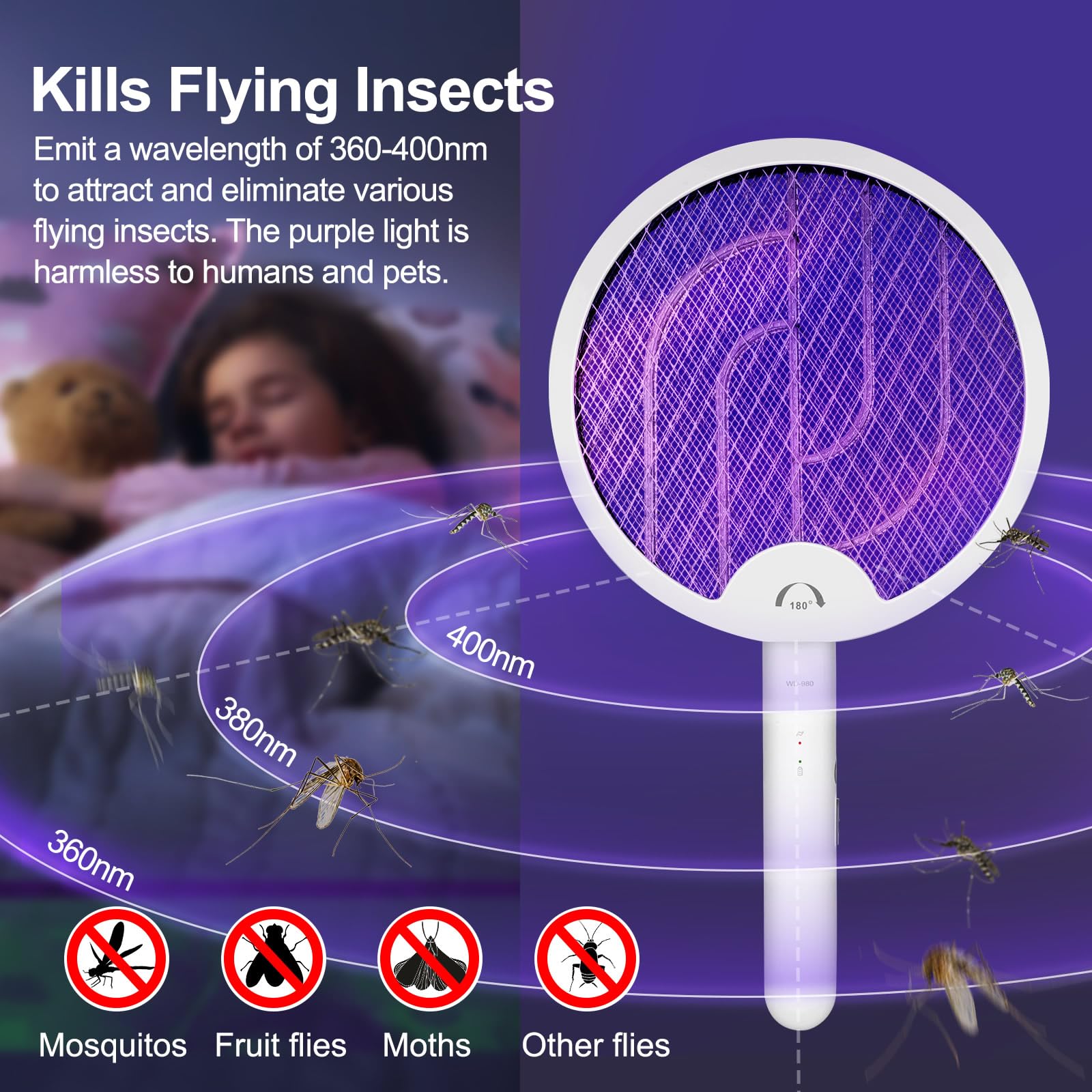 Foldable Electric Fly Swatter Racket, Portable 2 in 1 Bug Zapper Racket, Fly Killer and Mosquito Trap Lamp, USB Rechargeable with 1200mAh Battery for Indoor and Outdoor Home Backyard Patio Camping