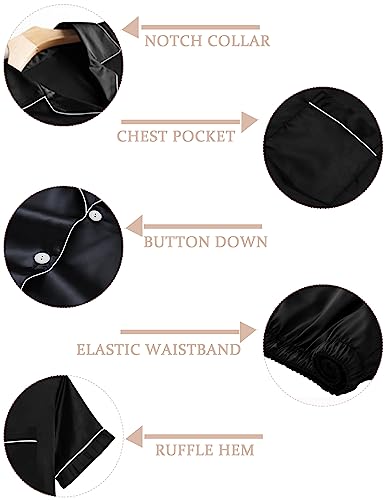 SWOMOG Women Silk Satin Pajama-Sets Short Sleeve Sleepwear Summer Loungewear 2 Pcs Nightwear Ruffle Hem Pyjamas Black