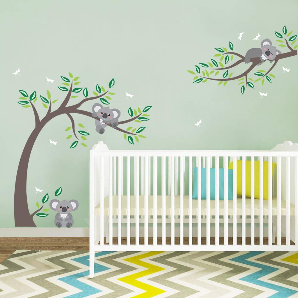 decalmile Koala and Tree Branch Wall Decals Dragonflies Koala Bear Kids Wall Stickers Baby Nursery Childrens Bedroom Wall Decor