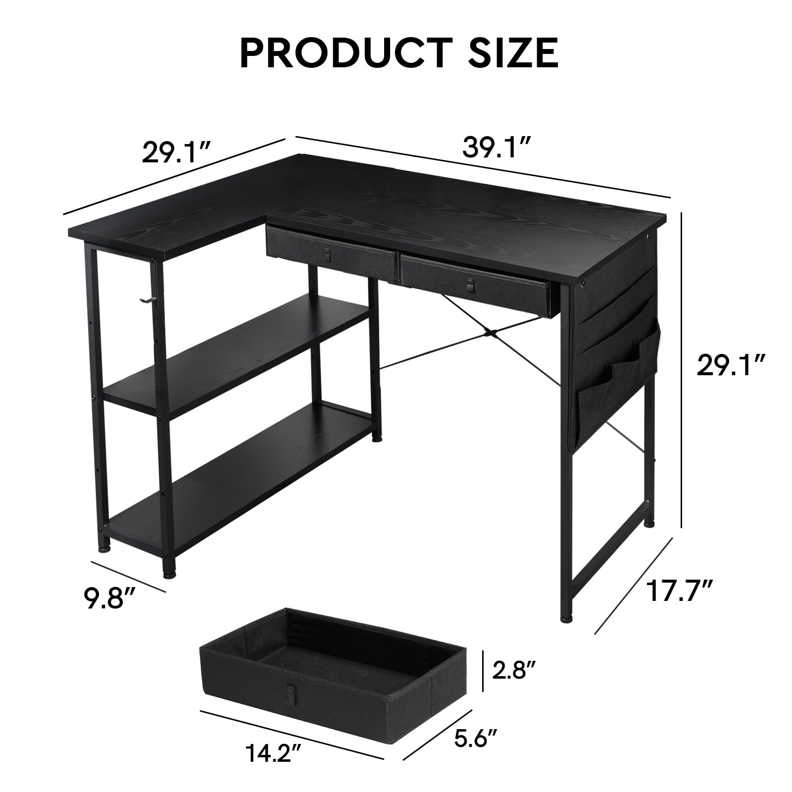 Maihail Maihail Home Office Desk with Drawers Shelves, 39 inch Computer Corner Desk for Small Space, Small L Shaped Desk with Side Storage for Bedroom, Black
