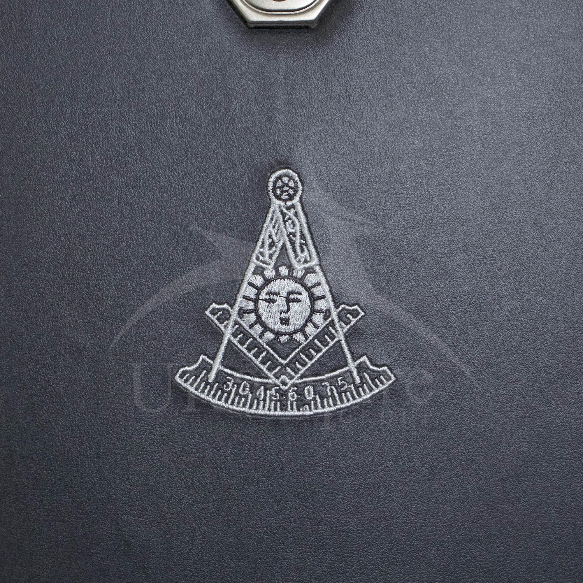 Masonic Past Master Apron Case β Machine Embroidered (Black Leather), MM Provincial Size | Freemason Carrying Bags (Silver Emblem)