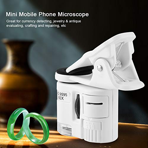 Mobile Phone Clip On Microscope, Magnifying Glass with Light 60x Zoom Microscope Magnifier, LED Light Micro Lens for Universal Mobile Phones Universal Clamp for Cell Phone