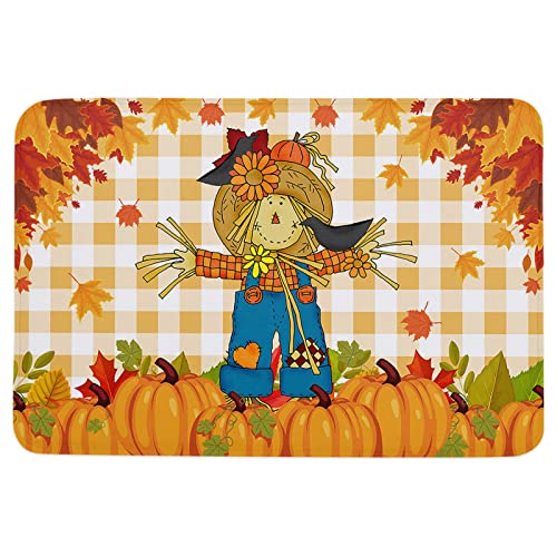 Fall Bathroom Rugs Scarecrow Crow Pumpkin Fall Bath Mat Sponge Doormat, Maple Leaf Buffalo Plaid Absorbent Bath Mat Non Slip Washable Durable Foam Mats Carpet for Bathroom Kitchen,18 x 30 Inch