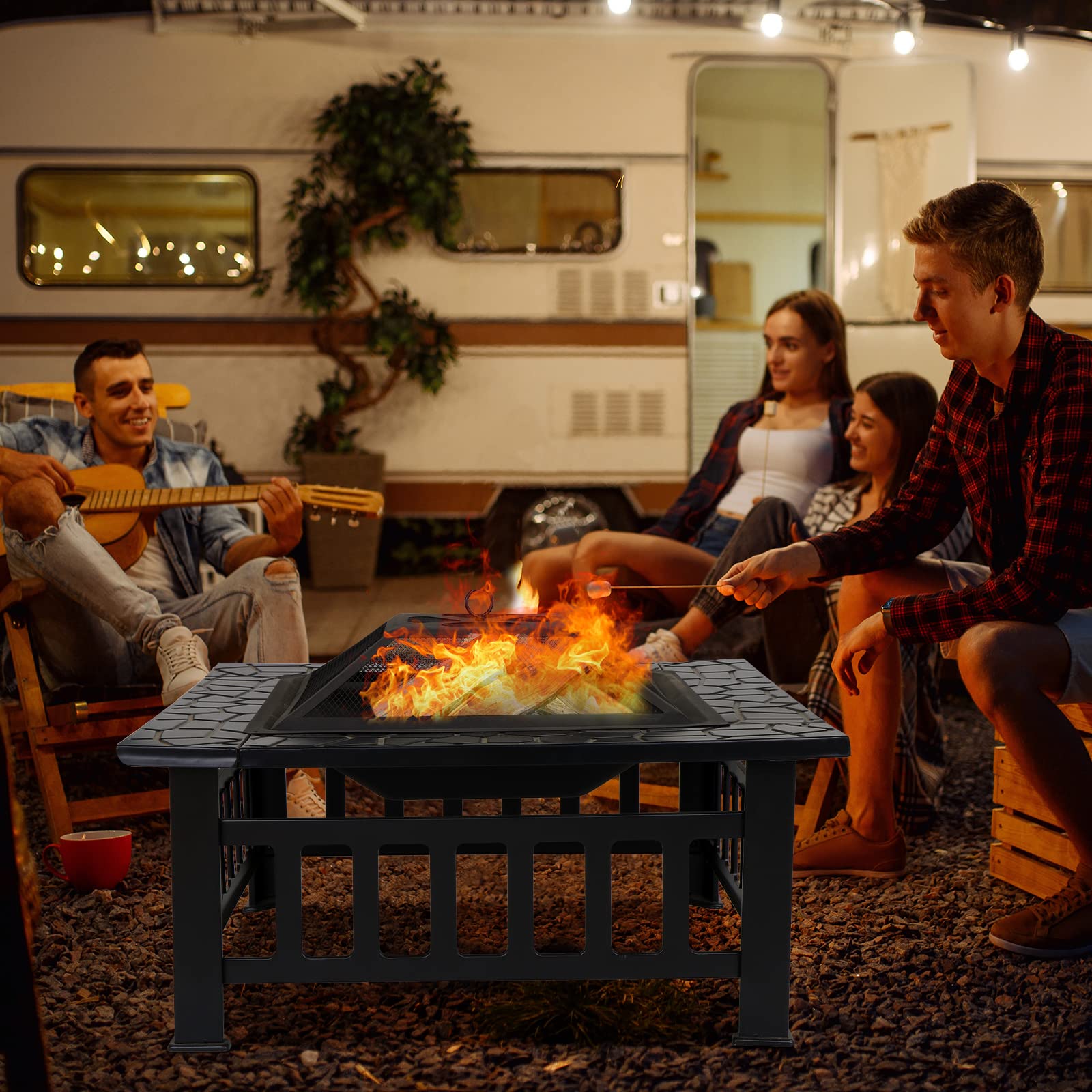 LEMY 32 inch Outdoor Fire Pit Square Metal Firepit Backyard Patio Garden Stove Wood Burning Fire Pit W/Rain Cover, Faux-Stone Finish