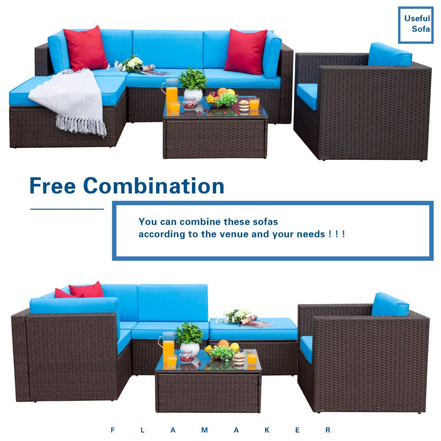 Flamaker 6 Pieces Patio Furniture Set Outdoor Sectional Sofa Outdoor Furniture Set Patio Sofa Set Conversation Set with Cushion and Table (Blue)