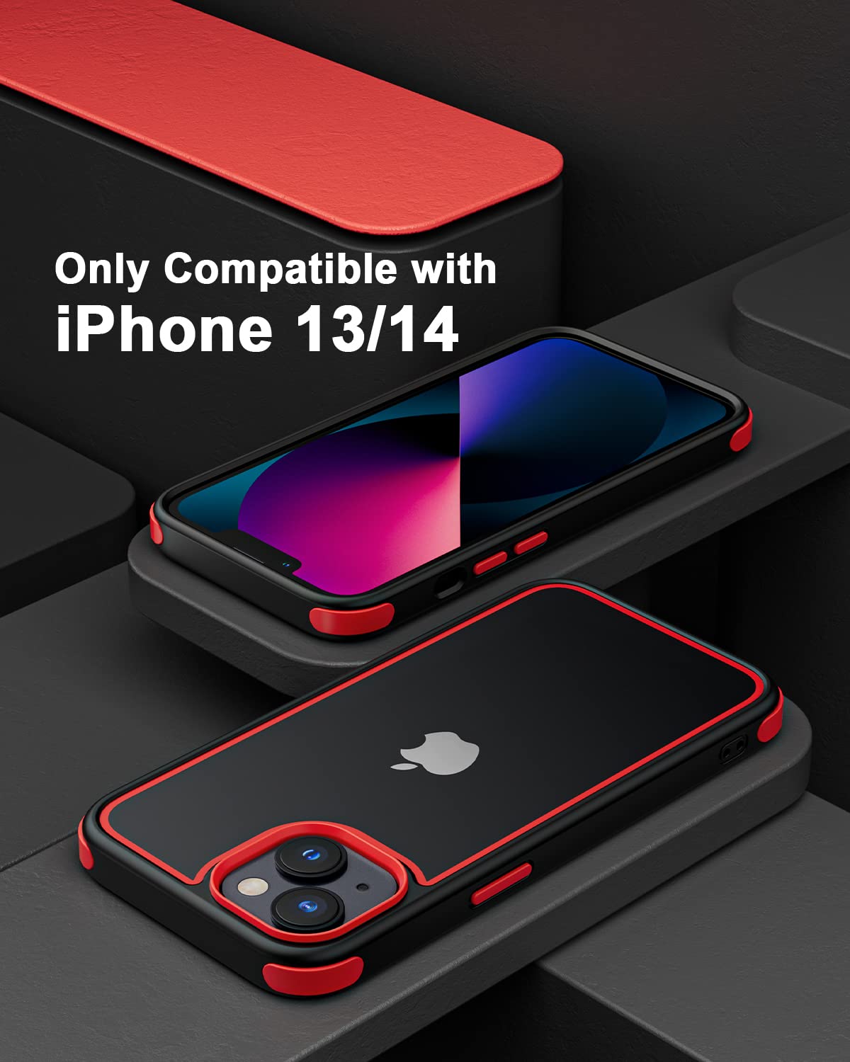 Mobnano Crystal Clear Case for iPhone 14 & iPhone 13, with Multicolor Protective Shockproof Bumpers [Not Yellowing] Slim Hard PC Back Cover for Men Women (Black/Red)