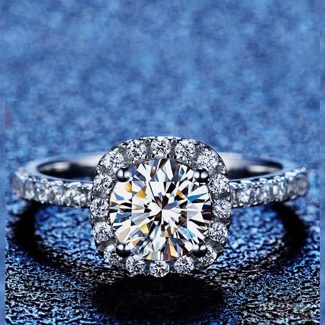 FANCIME White Gold Plated Sterling Silver Halo Setting D-E Color Moissanite Simulated Diamond Engagement Ring For Women, 1/2 Carat SIZE 7