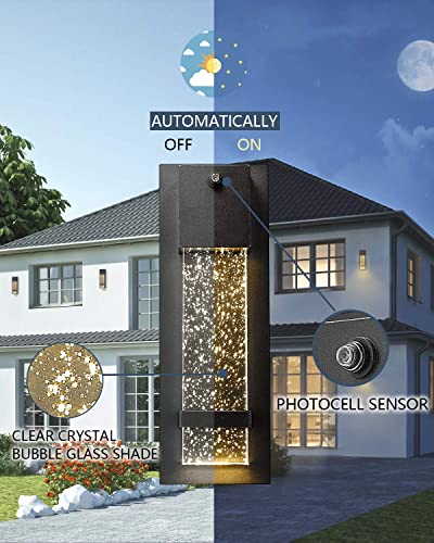 LED Dusk to Dawn Outdoor Wall Light Fixture - HWH Exterior Wall Sconce Porch Light 2 Pack, Outside Wall Lights in Black Finish with Crystal Bubble Glass, 5HW9-B-P-2PK BK