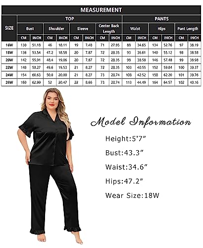 SWOMOG Womens Satin Plus Size Pajamas Silk Short Sleeve Pjs Sets Button Up Pajama with Ruffle Soft Loungewear Wedding PJs Black