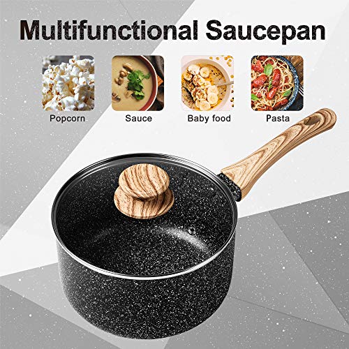 MICHELANGELO Saucepan Set with Lid 1 Quart & 3 Quart, Nonstick Sauce Pans with Granite Coatings, Small Pot Set with Lid, Nonstick Sauce Pan Set, Small Sauce Pots, Ergonomic Bakelite Handle, Black