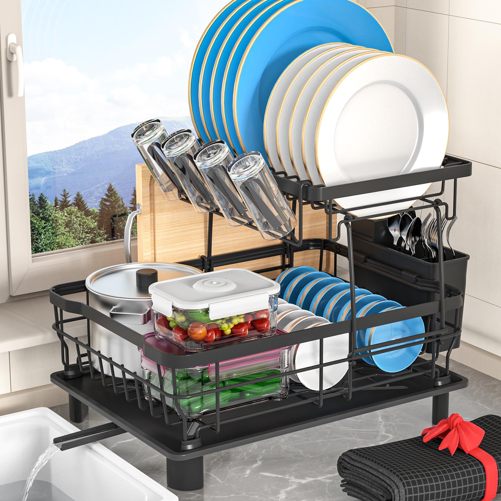 Dish Drying Rack with Drainboard, 2-Tier Dish Racks for Kitchen Counter,Detachable Large Capacity Dish Drainer Organizer Shelf Set with Utensils Holder,Dish Strainers with Extra Drying Mat (Black)